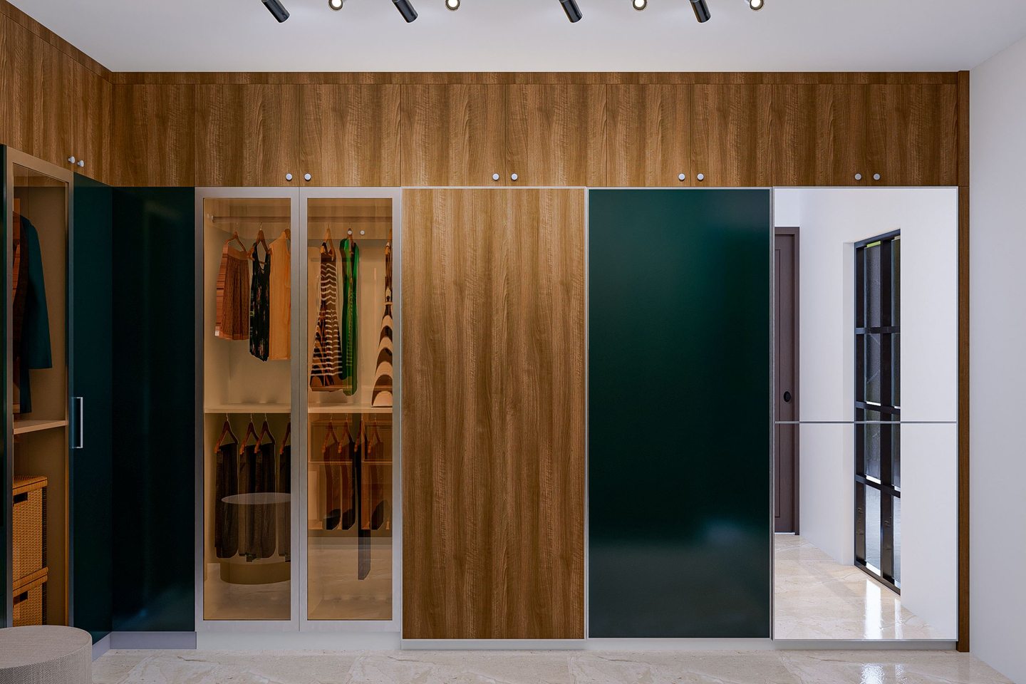 Modern Walk-In Wardrobe Design With Wooden Grain And Dark Green ...