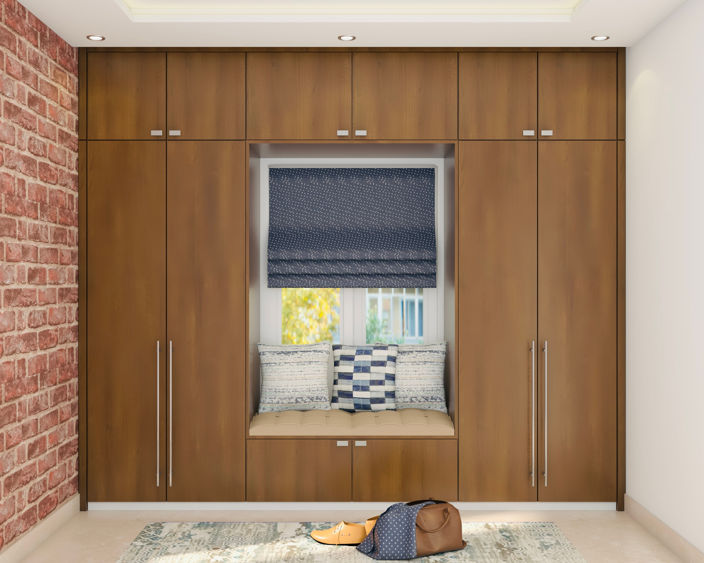 Contemporary Wooden Wardrobe Design With Storage Seater | Livspace