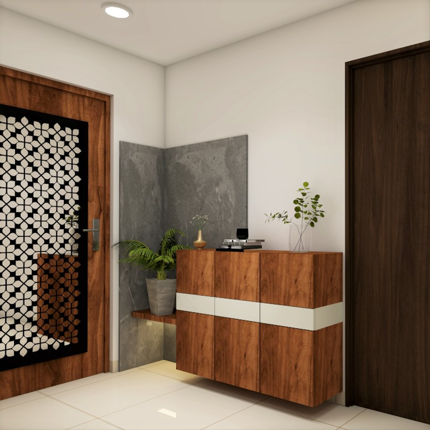 Modern Foyer Design with Grey Tiles and Ambient Lights | Livspace