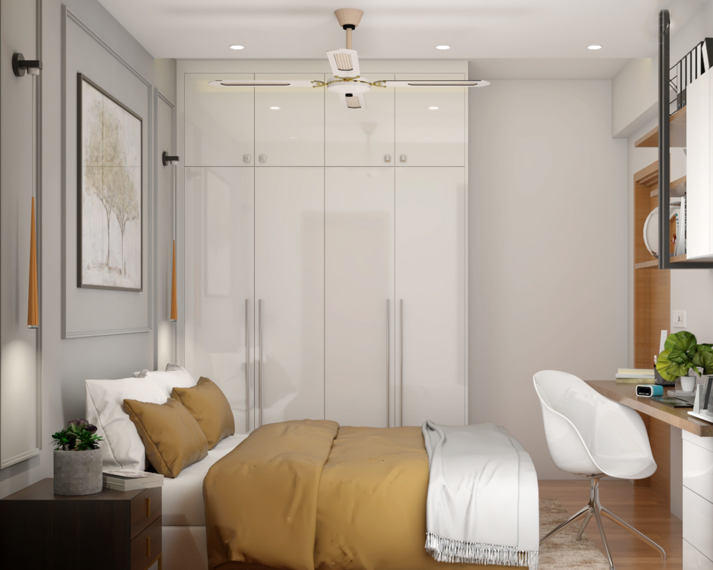 Contemporary Bedroom with White Cabinets and Wooden Elements | Livspace