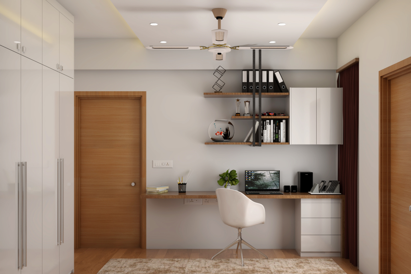 Contemporary Bedroom with White Cabinets and Wooden Elements | Livspace