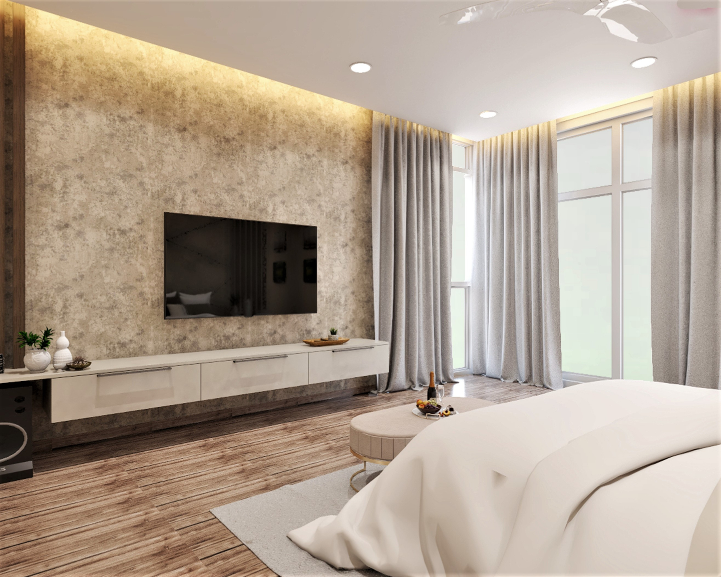 Spacious Master Bedroom Design With Wooden Wall Panel | Livspace