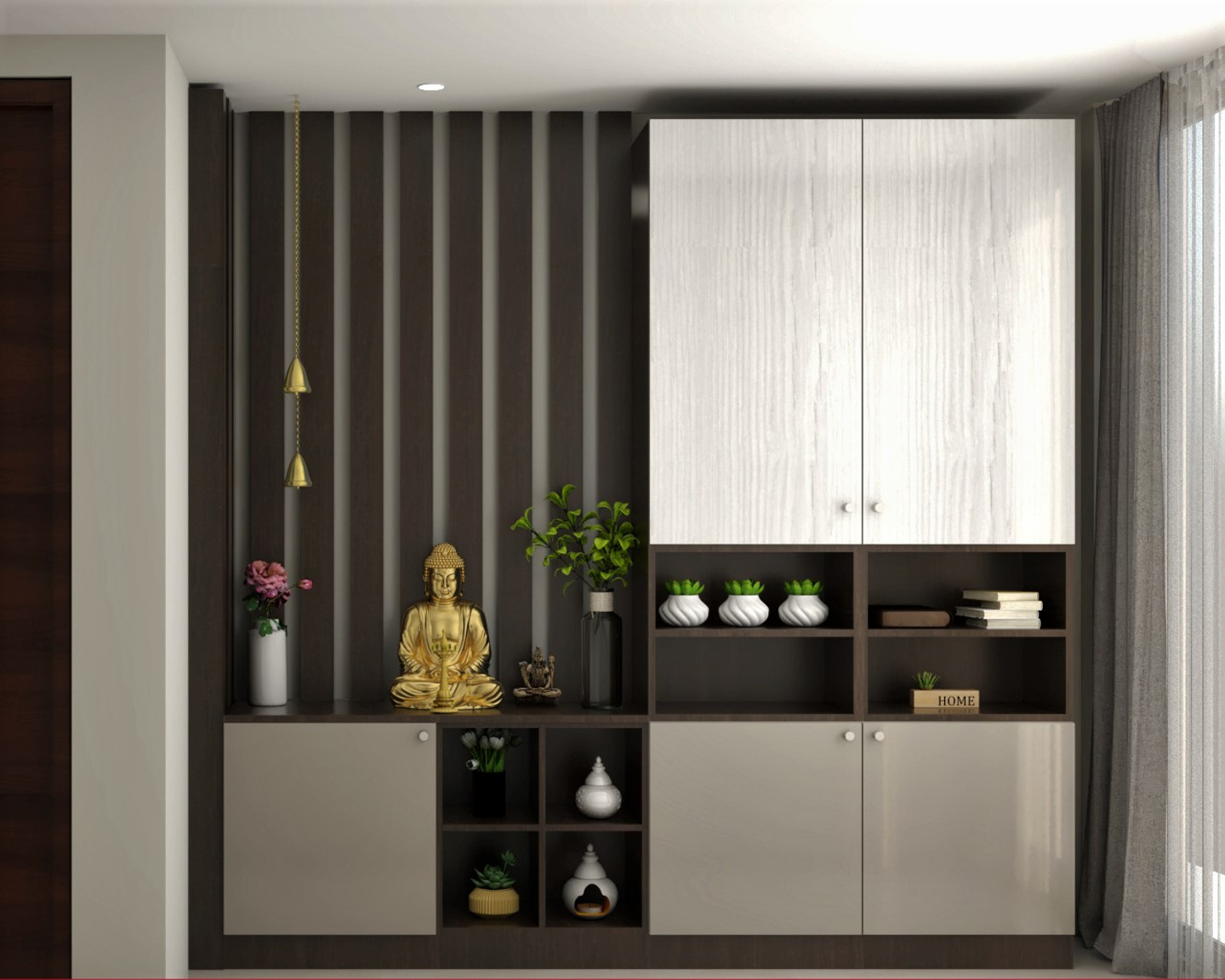Contemporary Spacious Mandir Area Design with Storage | Livspace