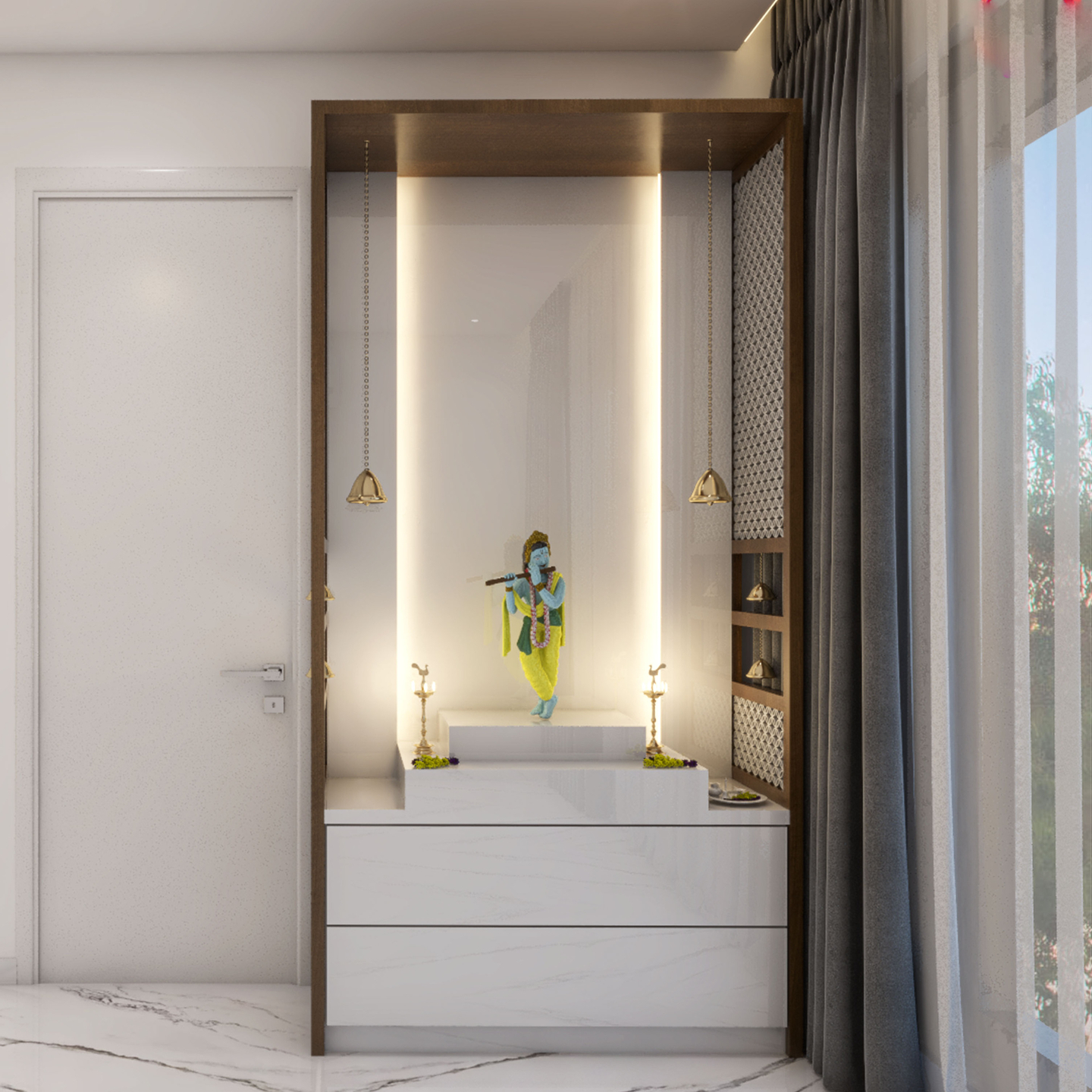 Modern Pooja Room with Raised Platform for Diety and Storage Drawers ...