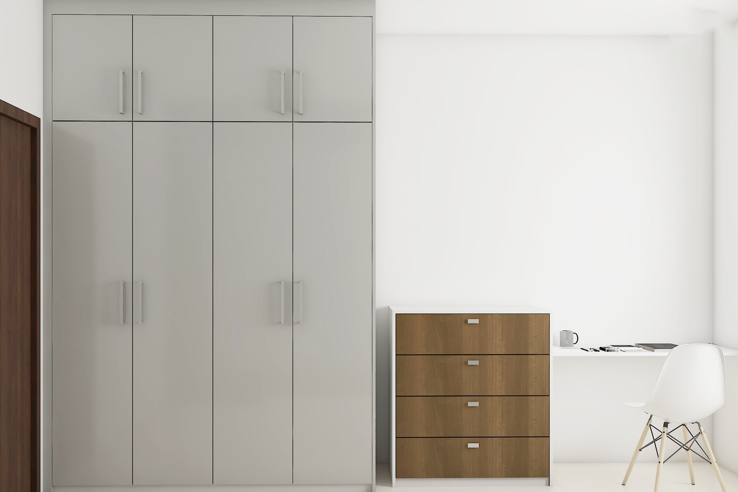 Grey Straight Hinged Modern Wardrobe Design with Loft Storage | Livspace