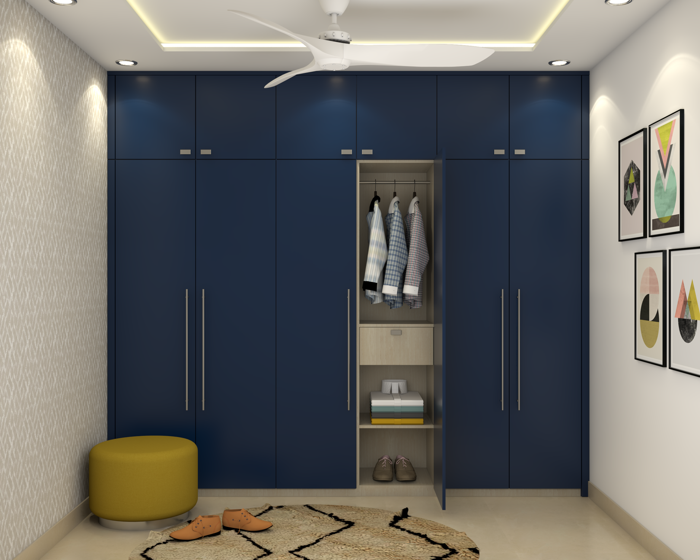 Blue Straight Hinged Modern Wardrobe Design with Loft Storage | Livspace