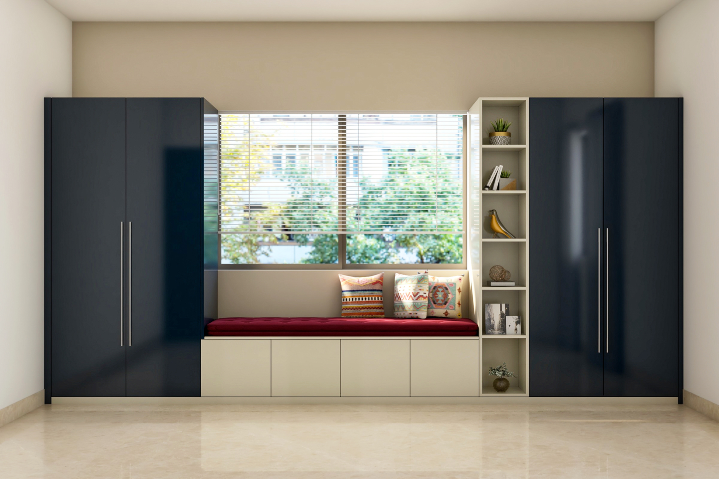 Twin Hinged Spacious Modern Wardrobe Design Idea with Seating | Livspace