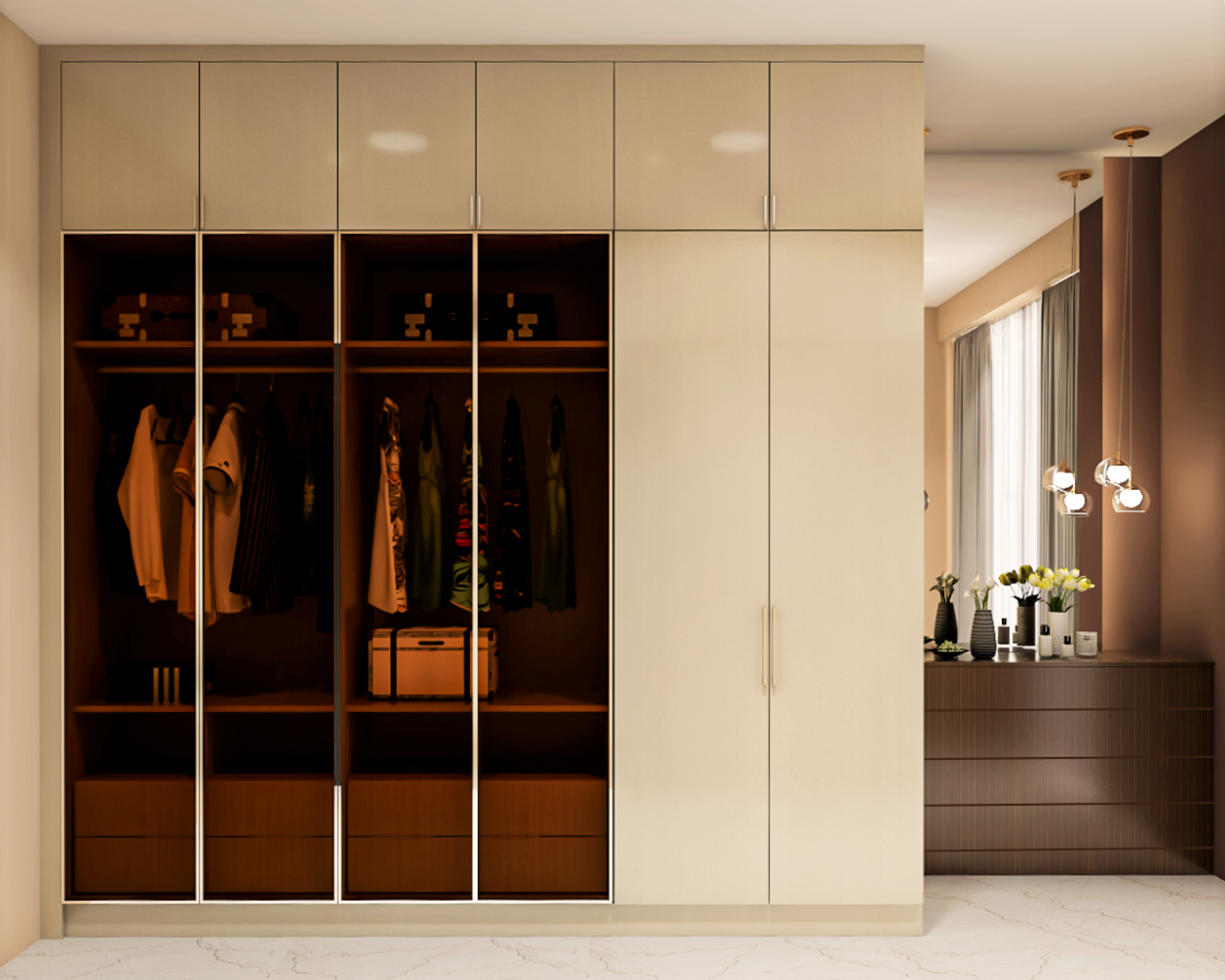 Spacious Wardrobe With Beige-Glass Finish Look With Open Hinges | Livspace