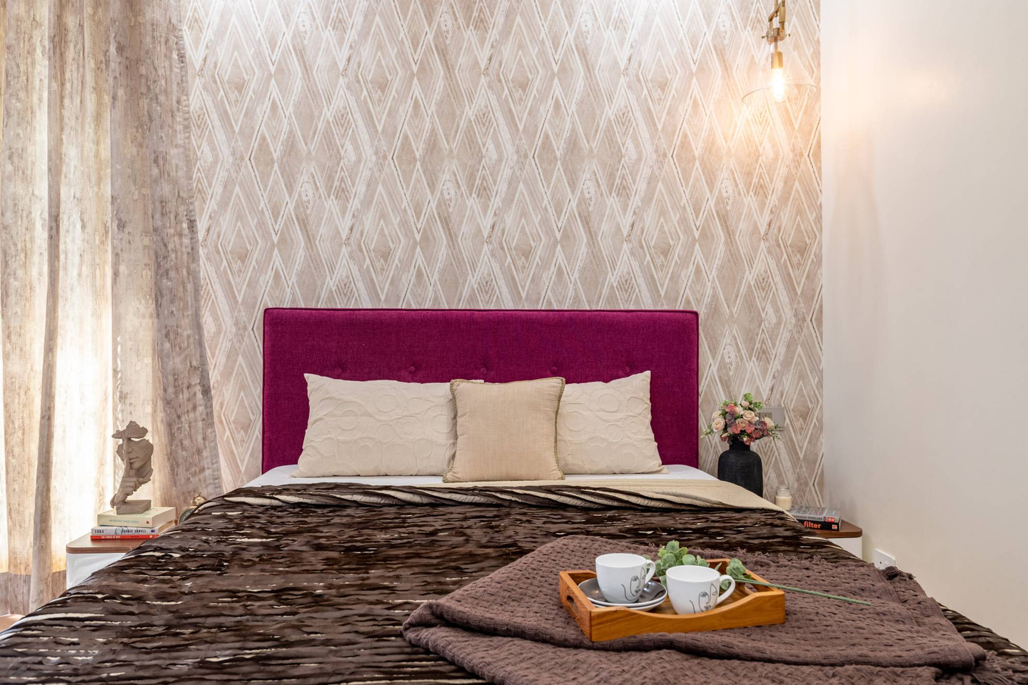 Compact Guest Bedroom Design With Beige Patterned Wallpaper | Livspace