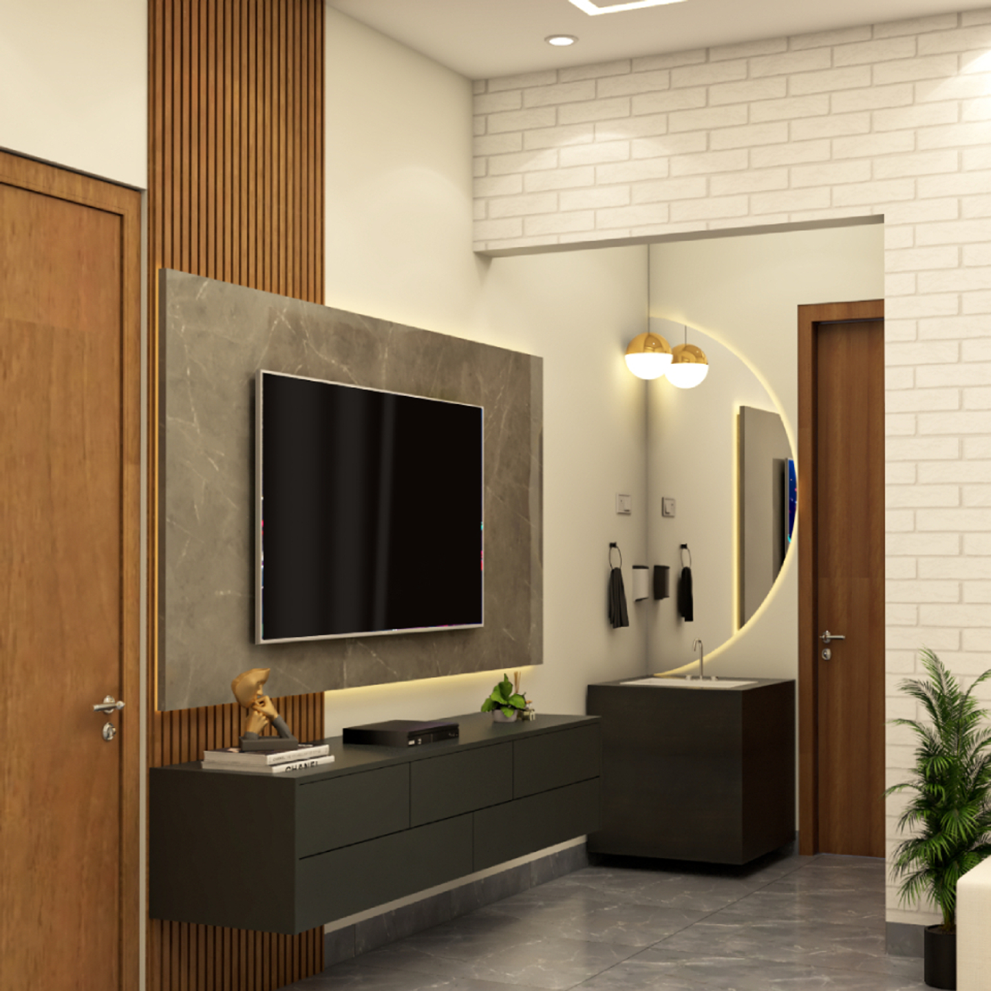 Wood Grain Modern Compact TV Unit Design | Livspace