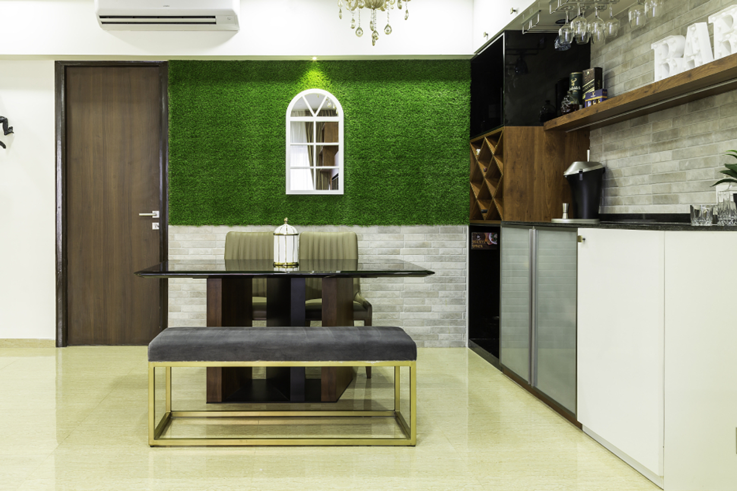 Spacious Dining Room With Artifical Grass For The Walls | Livspace