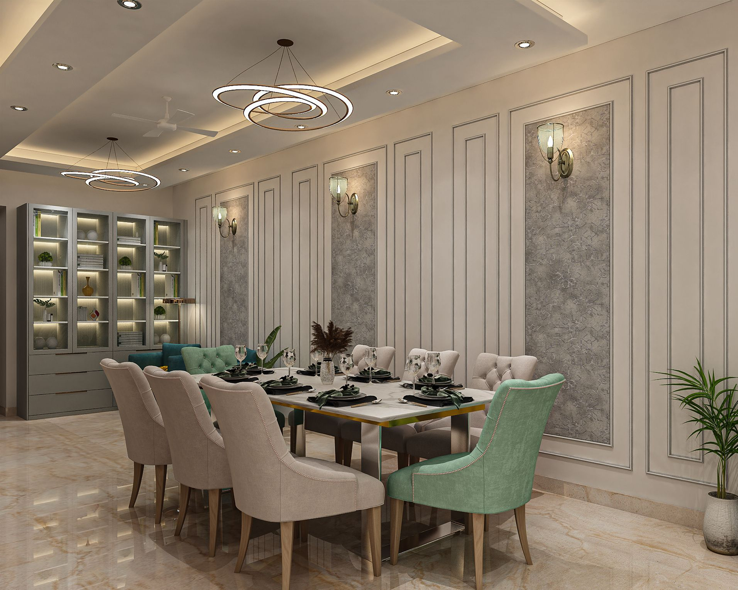 Spacious Dining Hall Design With Grey And Green Chairs | Livspace