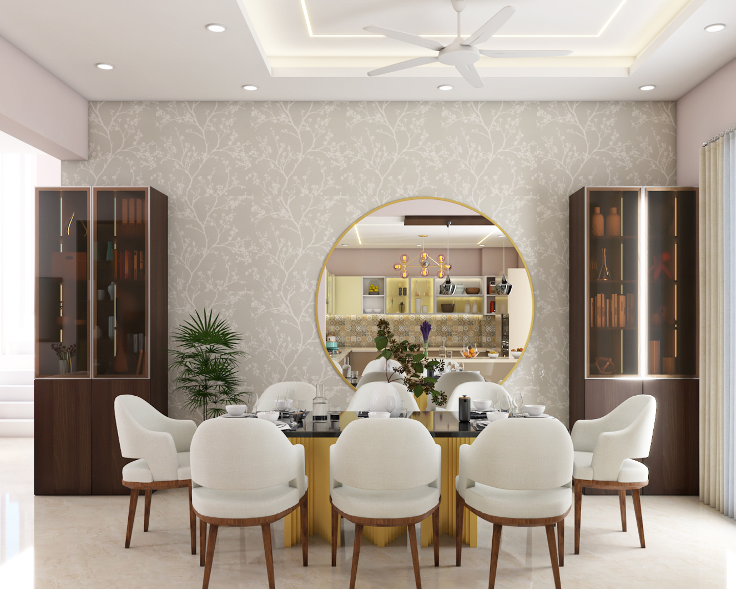 Spacious 8-Seater Dining Room Design With An Accent Wall | Livspace