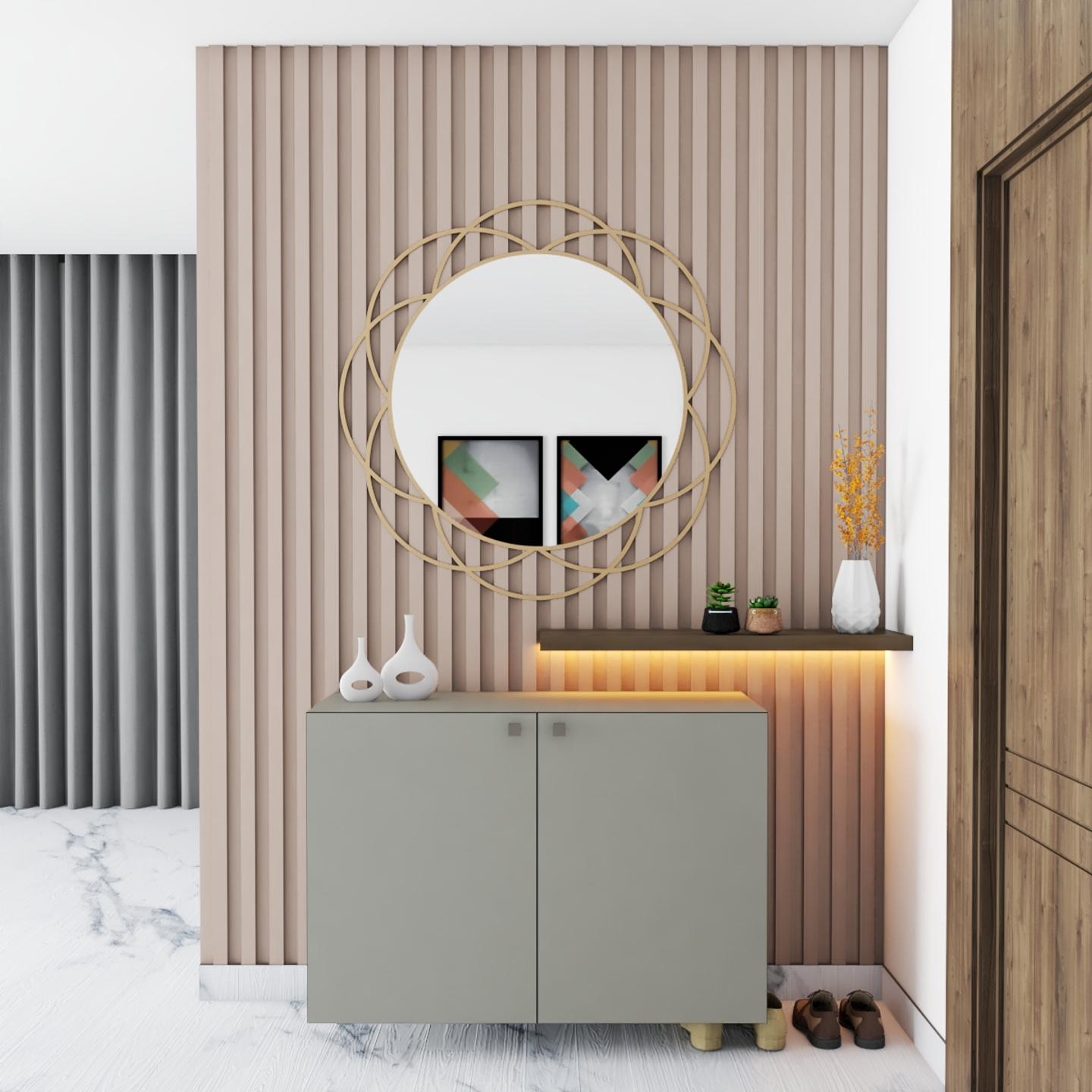 Foyer Design With Fluted Panels And Storage | Livspace