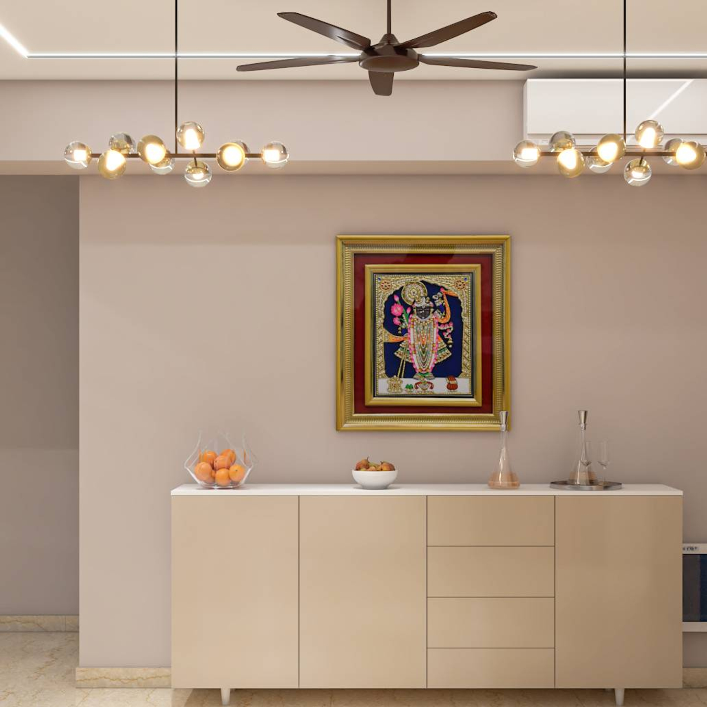 Spacious Foyer Design With Warm Hanging Lights | Livspace