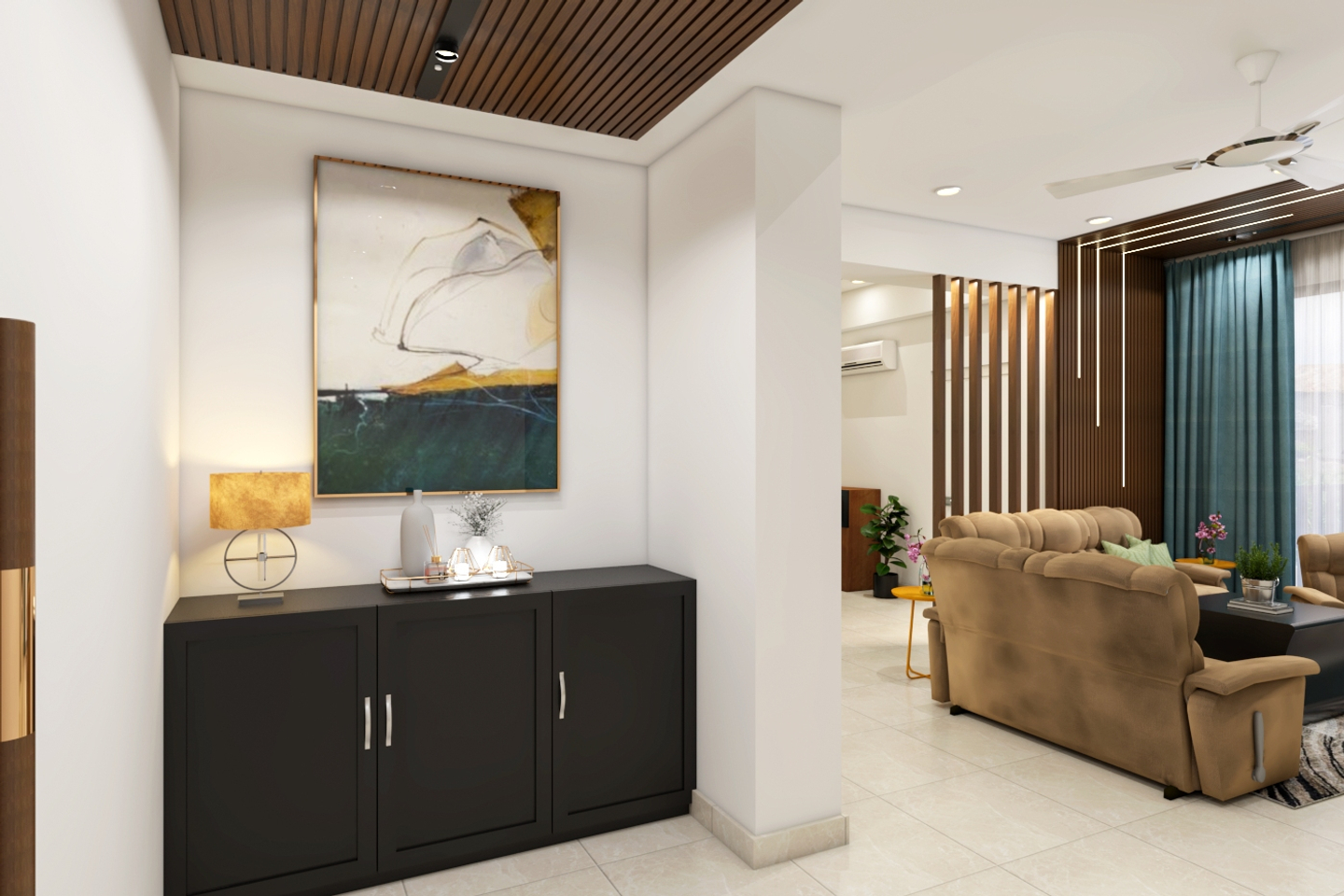 Compact Foyer Area Design With Wall Art And Wooden False Ceiling | Livspace