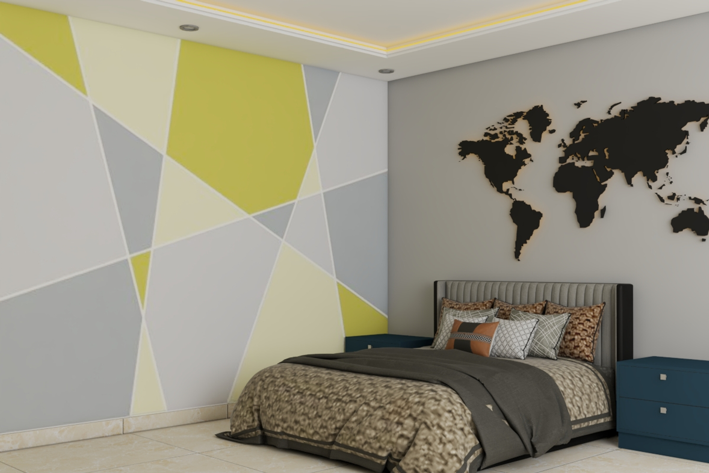 Compact Kids's Room With Yellow And Grey Pattern Wall | Livspace