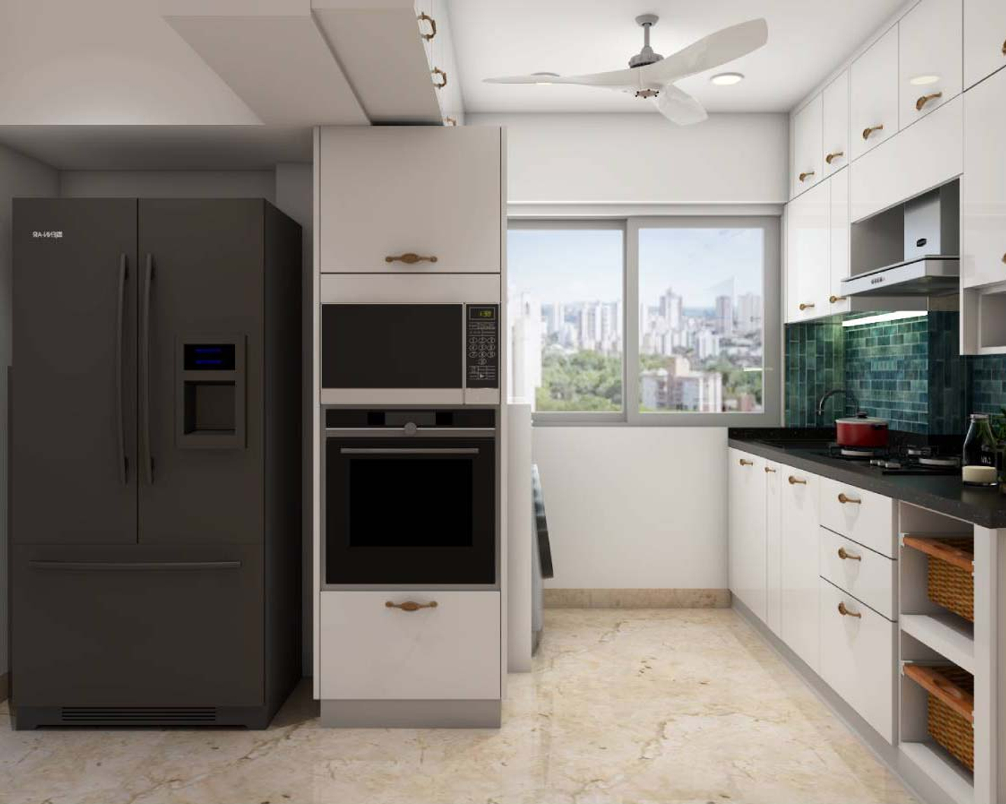 Compact White Parallel Kitchen Design With Sea Green Dado Tiles | Livspace