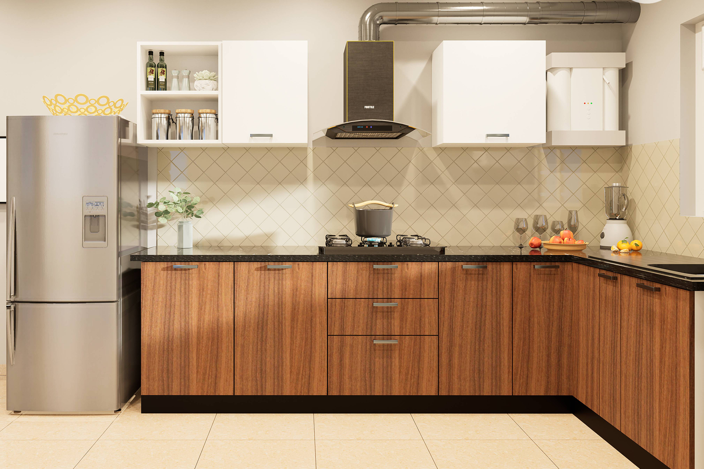 Compact Kitchen Design With Open And Closed Wall Storage | Livspace