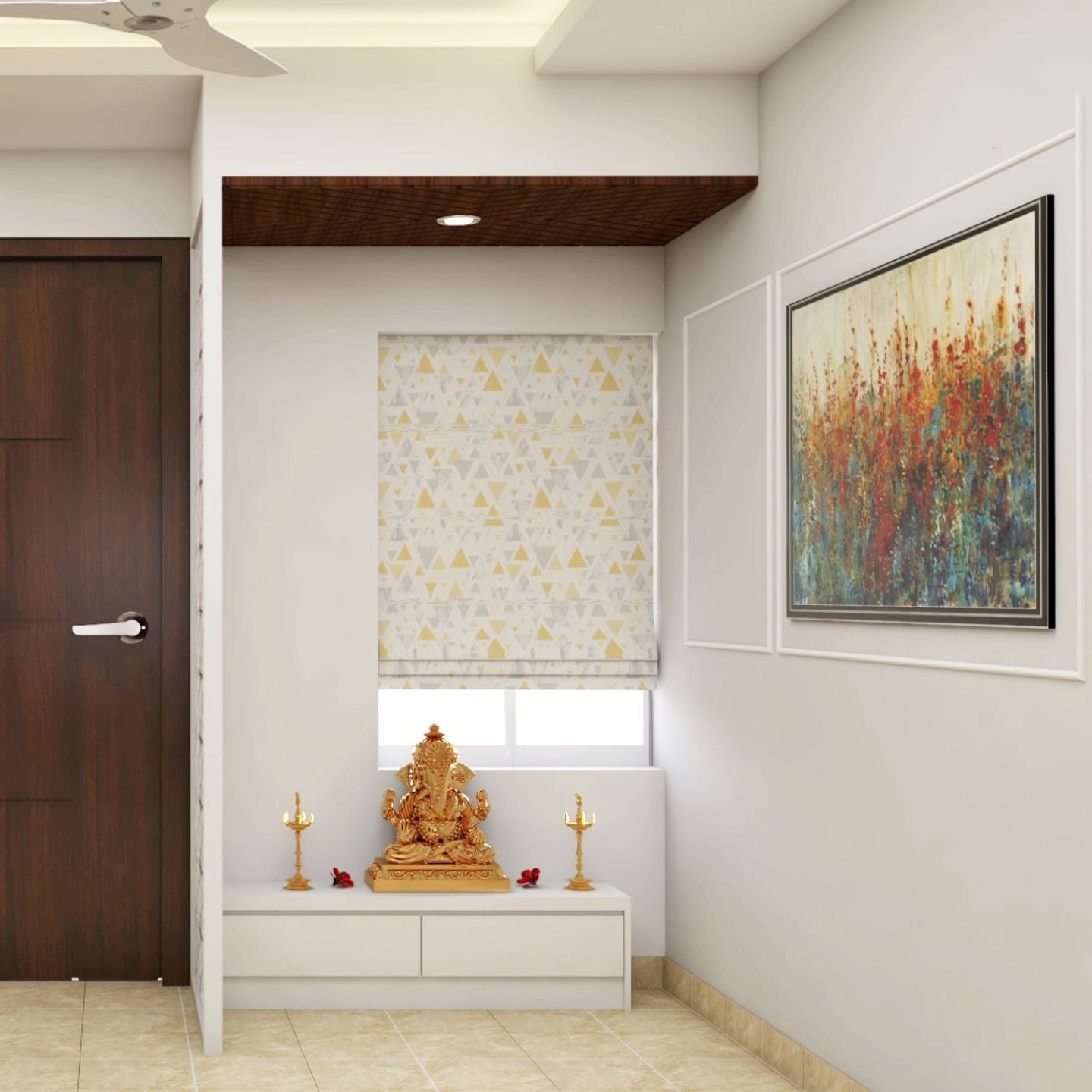 Compact Pooja Unit Design With Wooden Panel | Livspace