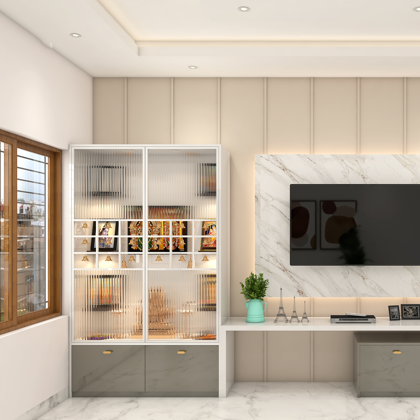 Compact Mandir Design With Doors And Storage | Livspace