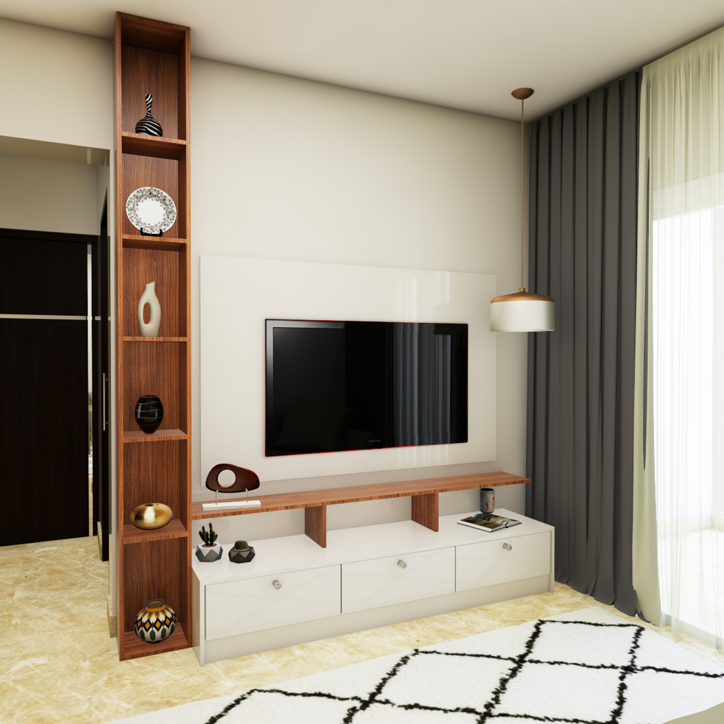 Contemporary TV Unit With Hanging Lights | Livspace