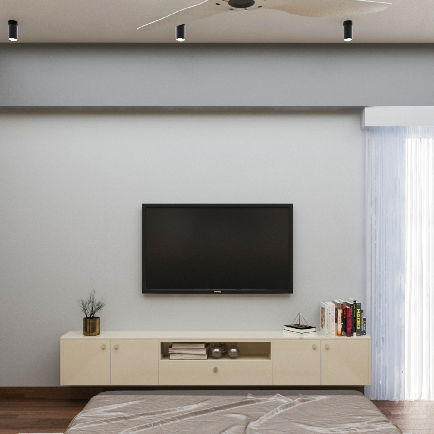 Compact Cream Toned TV Unit Design | Livspace