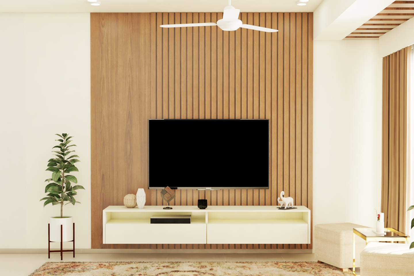 Spacious TV Unit With Wooden Backdrop And Storage | Livspace