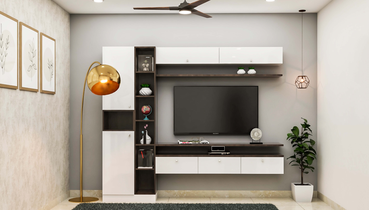 Spacious TV Unit Design With Dark Carcasses & White Shutters | Livspace