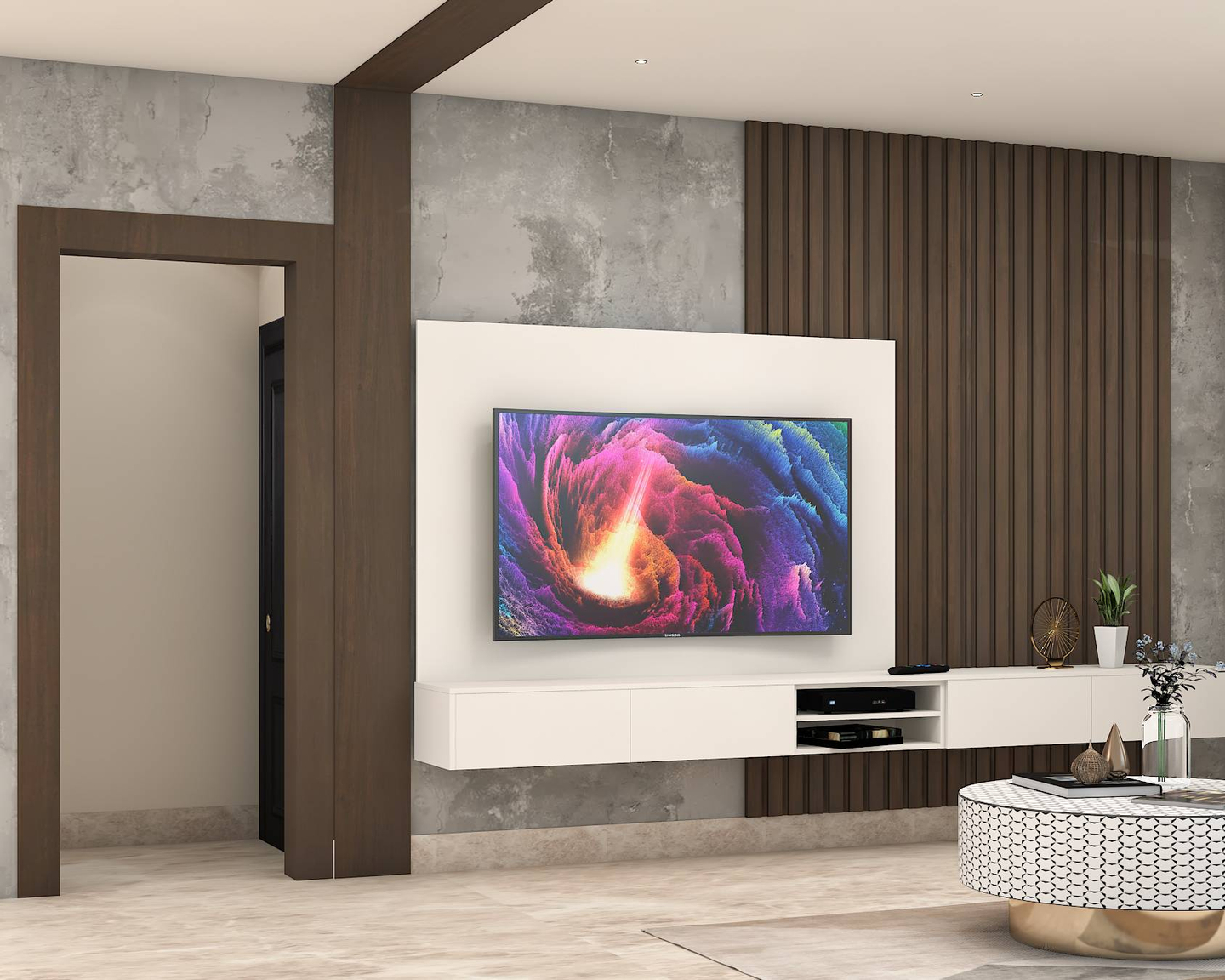 Compact TV Unit With Wall-Mounted Drawers | Livspace