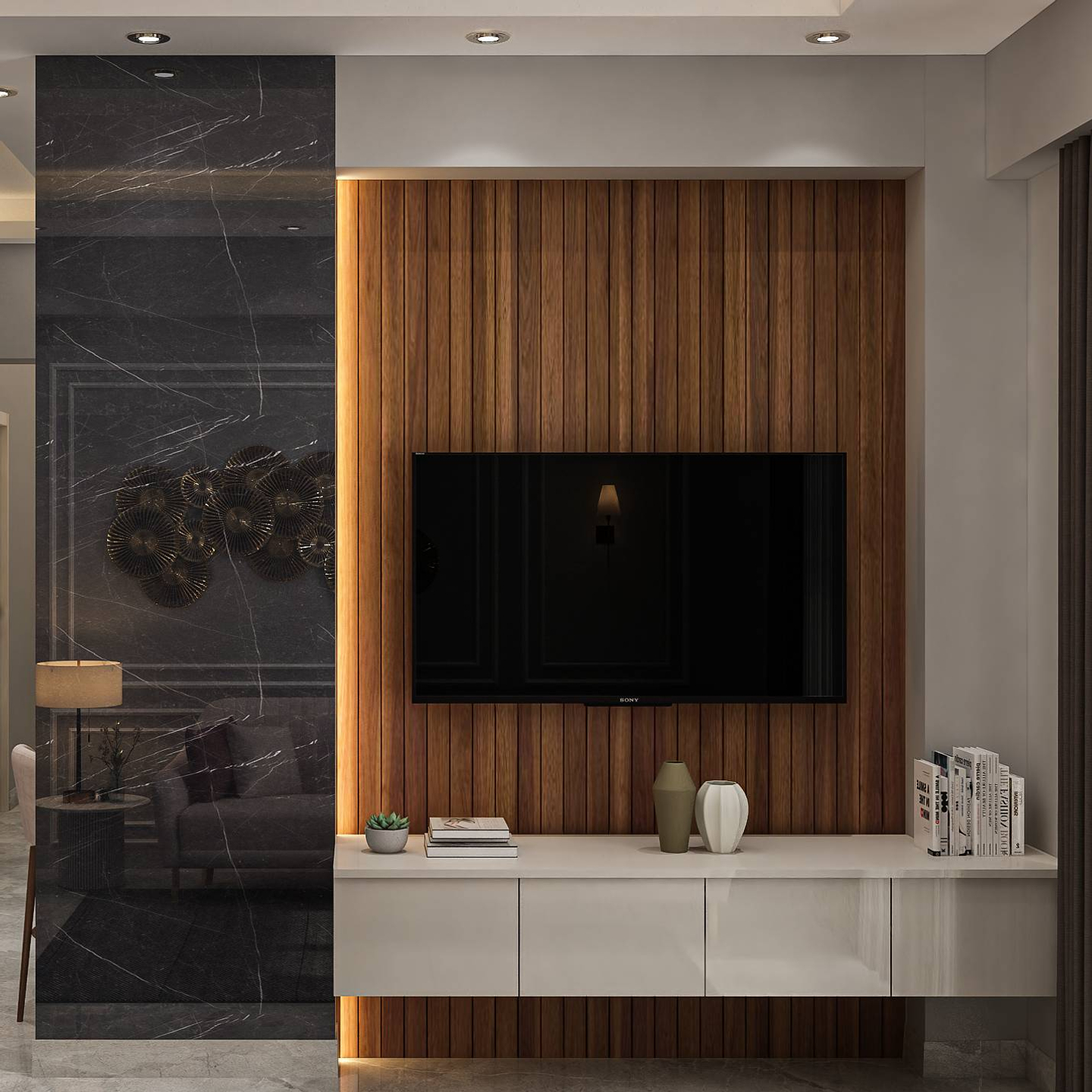 Compact TV Unit Design With Glittering Marble Panel | Livspace