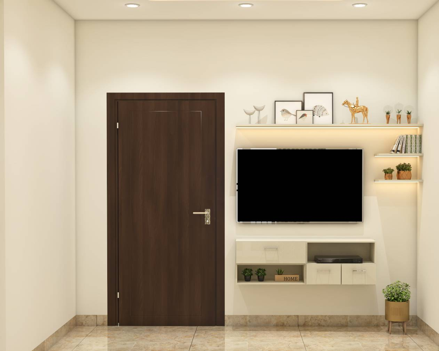 Compact TV Unit With Overhead Shelves | Livspace