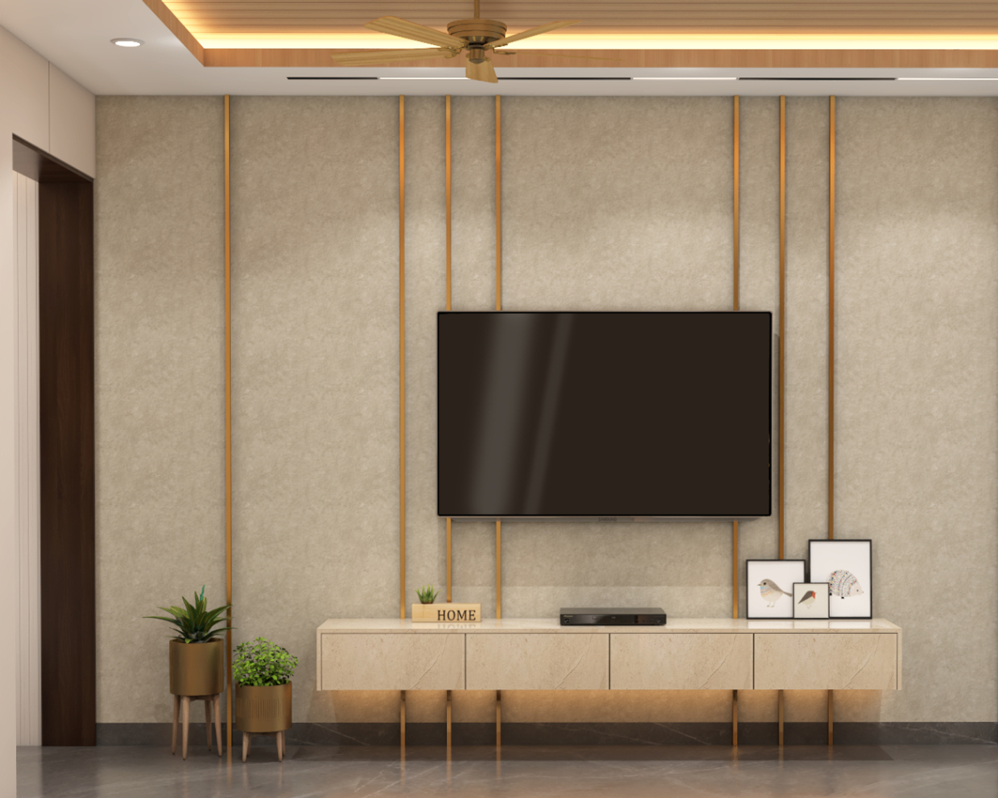 Spacious TV Cabinet Design With Beige Wall | Livspace