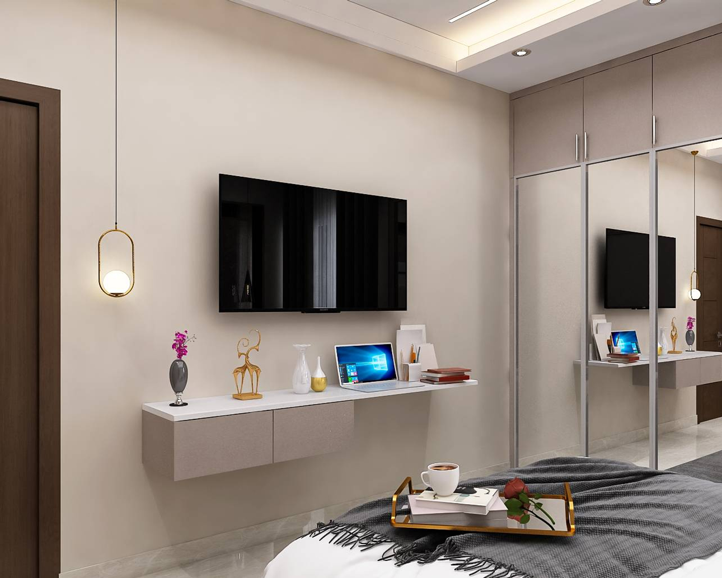 Spacious TV Unit Design With Pendant Light | Livspace