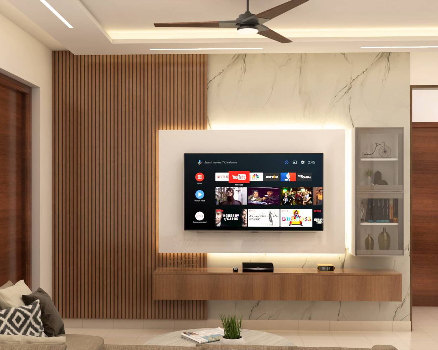 Spacious TV Cabinet Design With Wood And Marble | Livspace