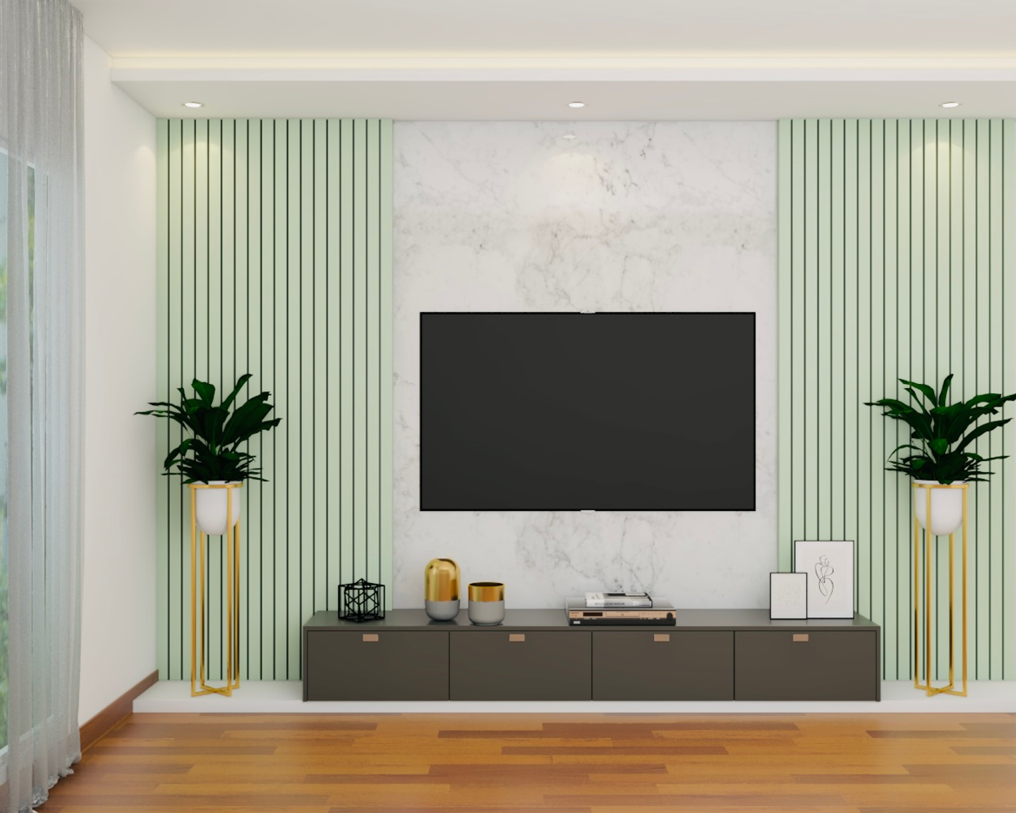 Spacious TV Console With Golden Brass Planters | Livspace