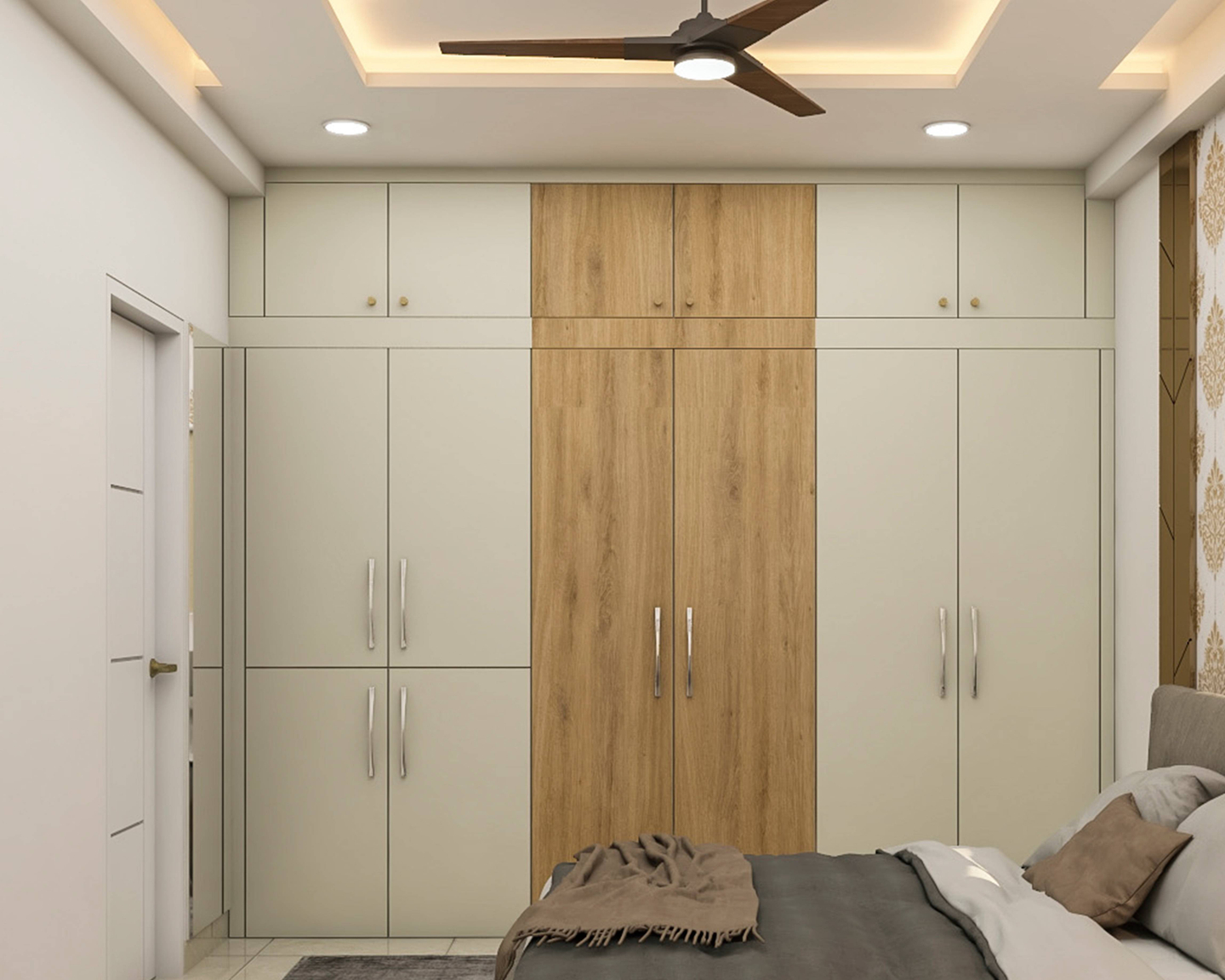Beige Swing Wardrobe Design With Loft Storage | Livspace