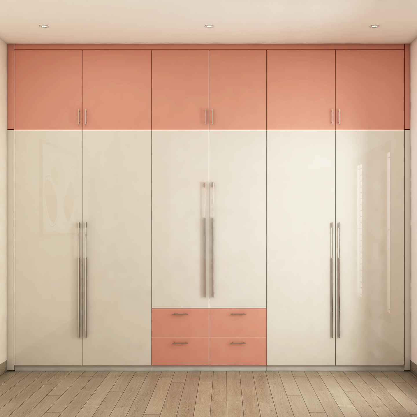 Spacious Cream And Pink Wardrobe Design With Loft Storage | Livspace