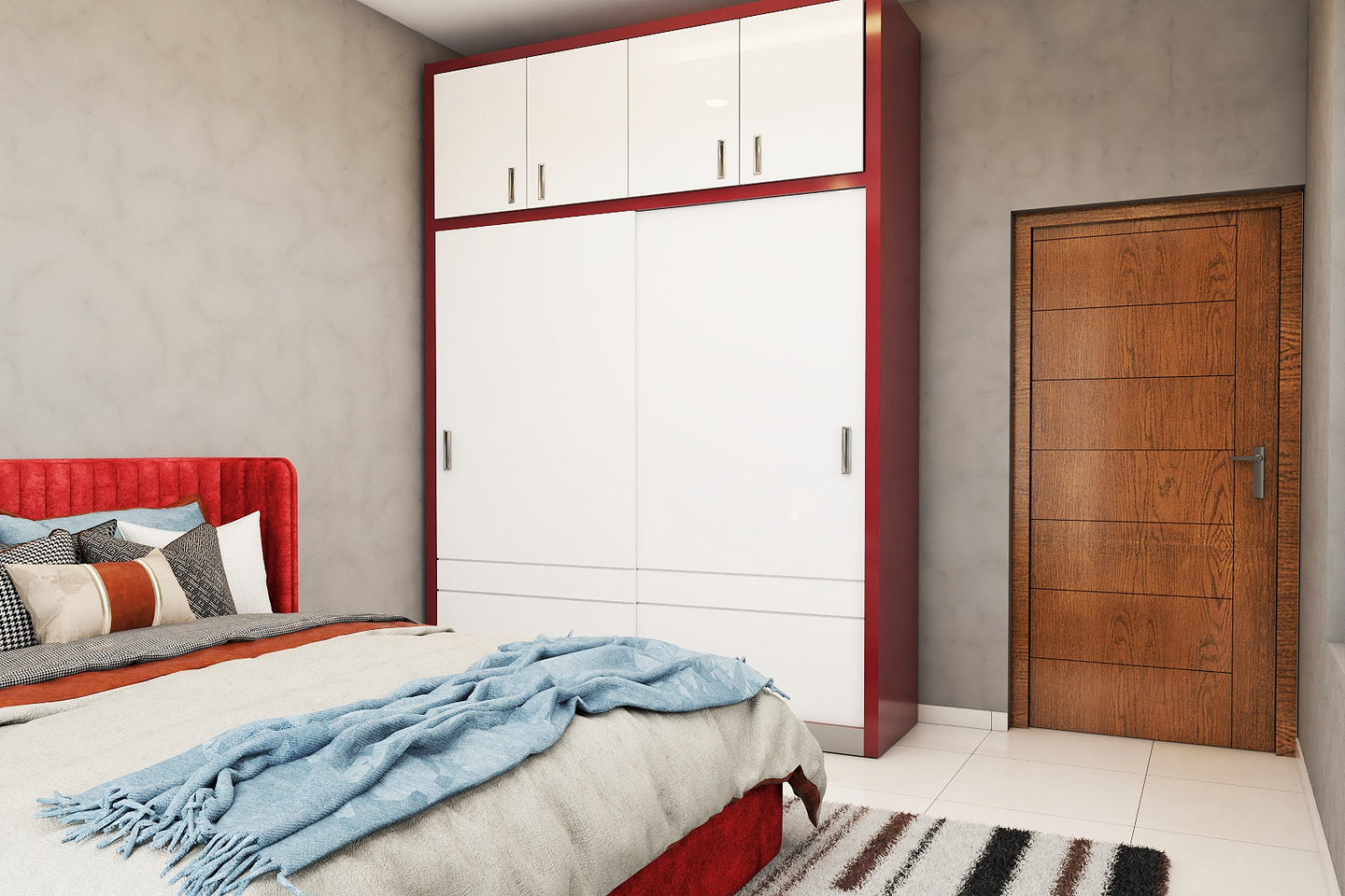 Compact Sliding Door Wardrobe Design In Red And White | Livspace