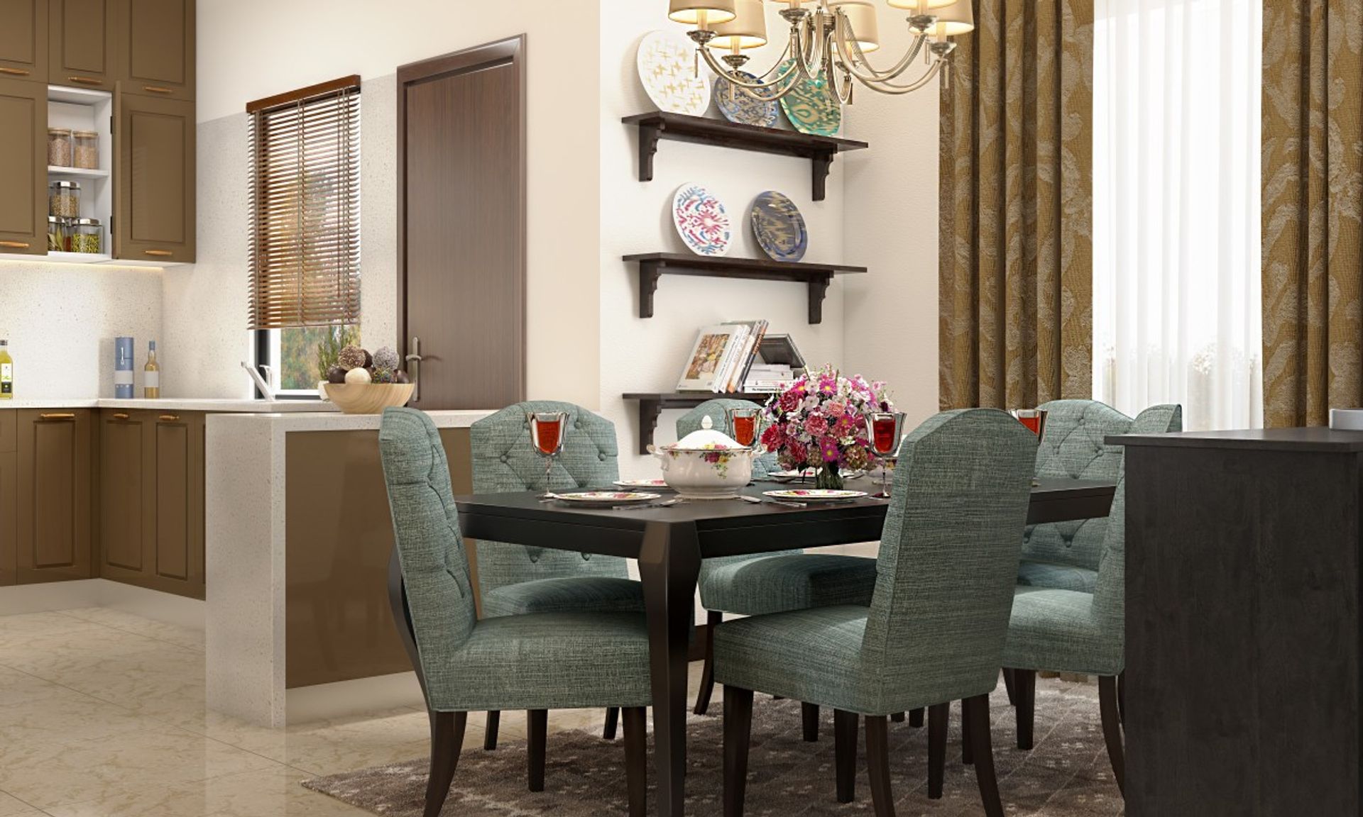 Olive And Wood 6-Seater Dining Room Design | Livspace