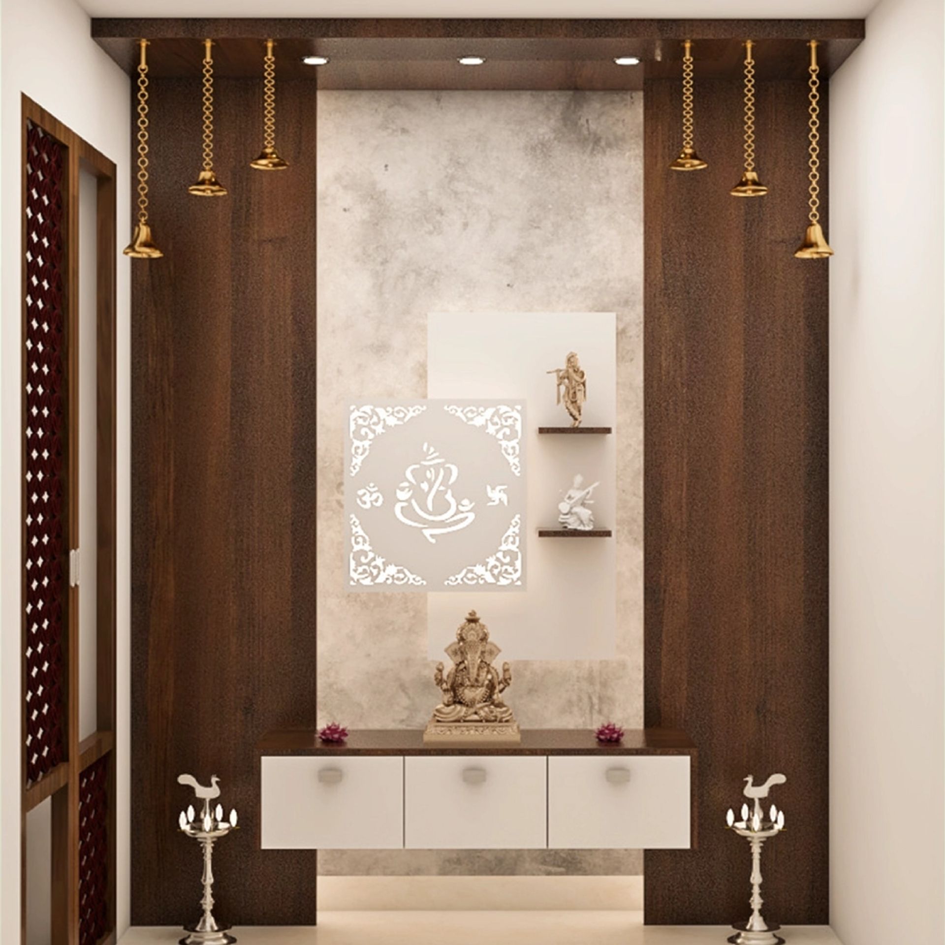Wooden Panel Modern Compact Mandir Design For Home | Livspace