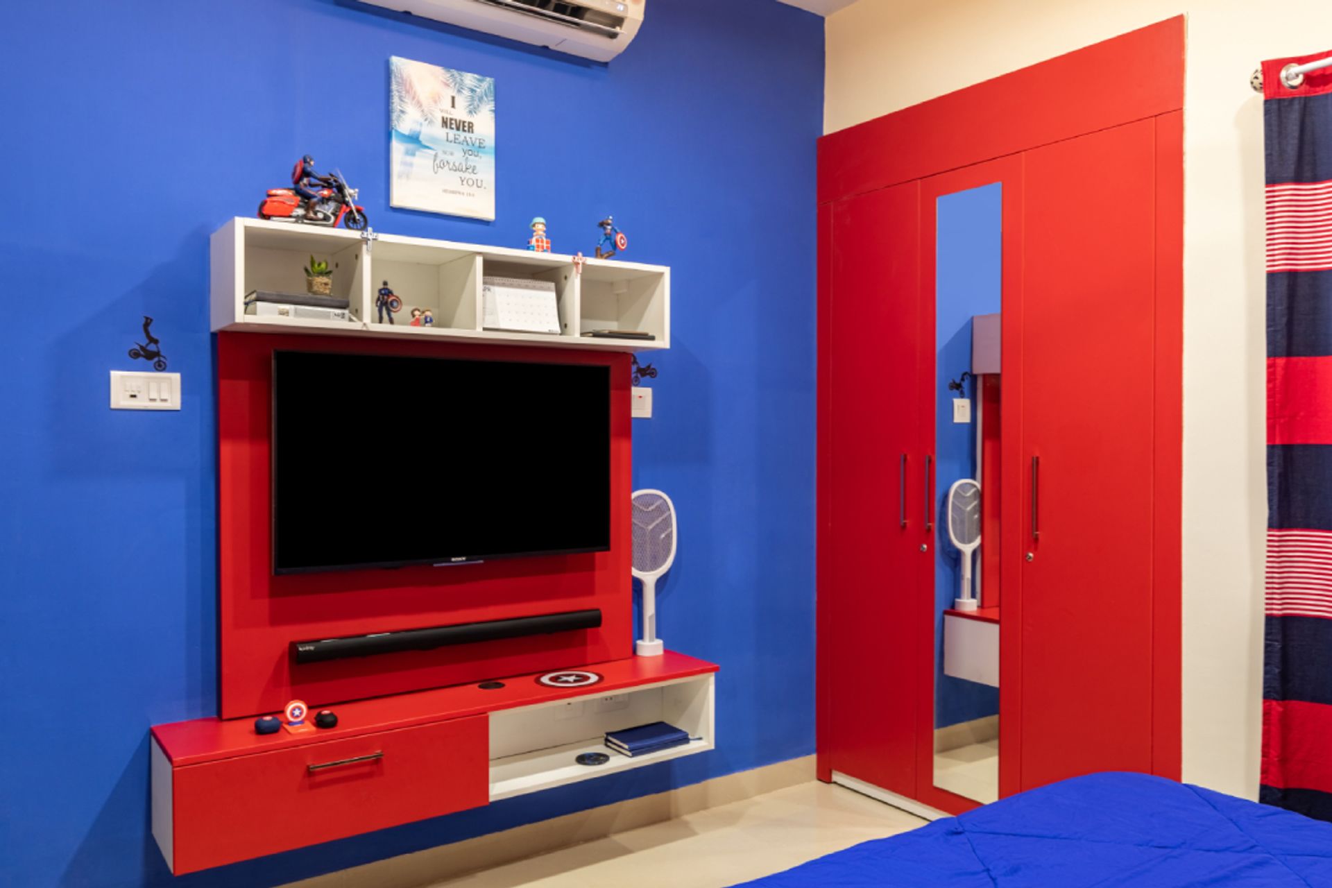 Spacious Kids Room Design With Blue And Red Interiors - 12x10 Ft | Livspace