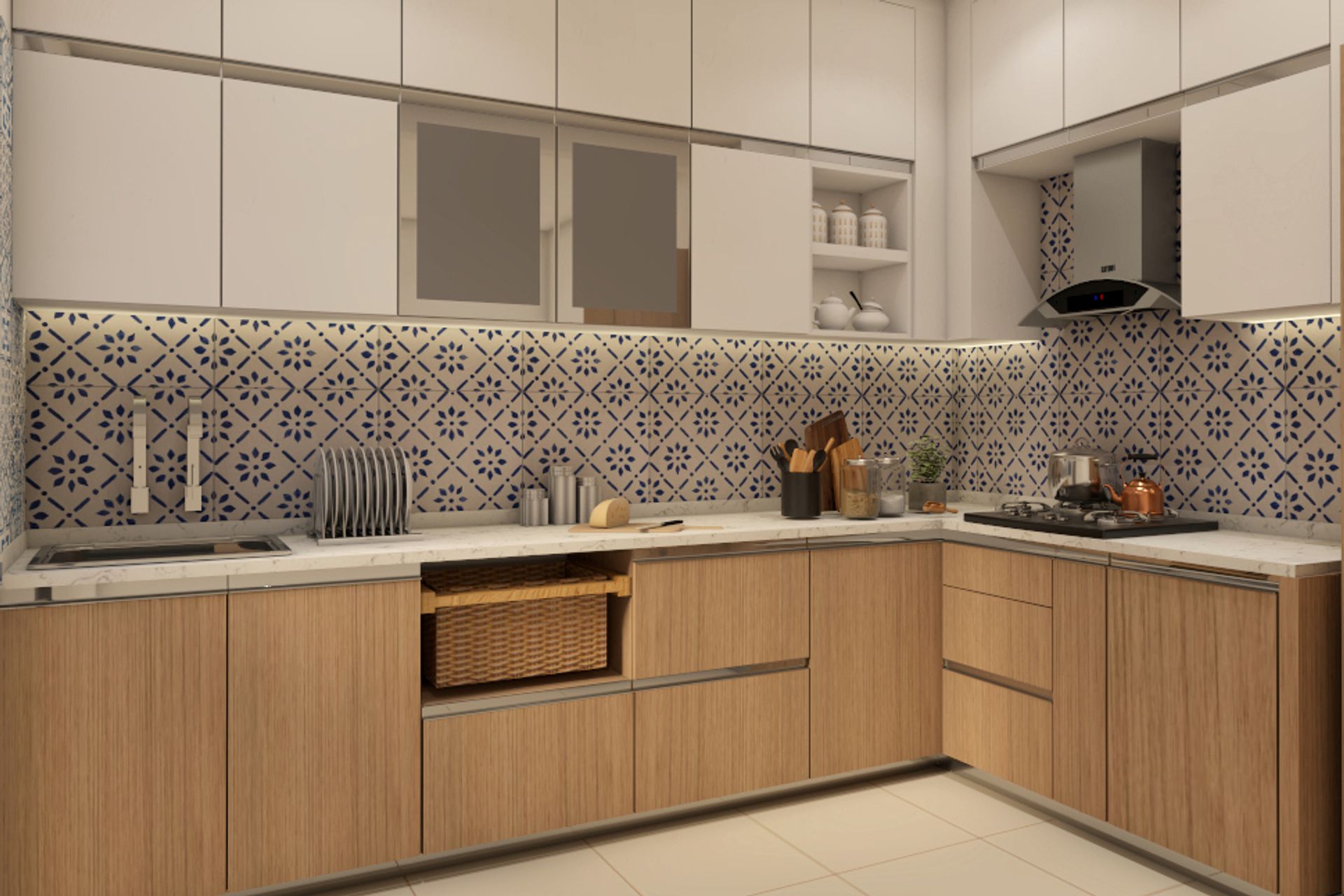 Dual-Toned Simple Kitchen Tile Design | Livspace