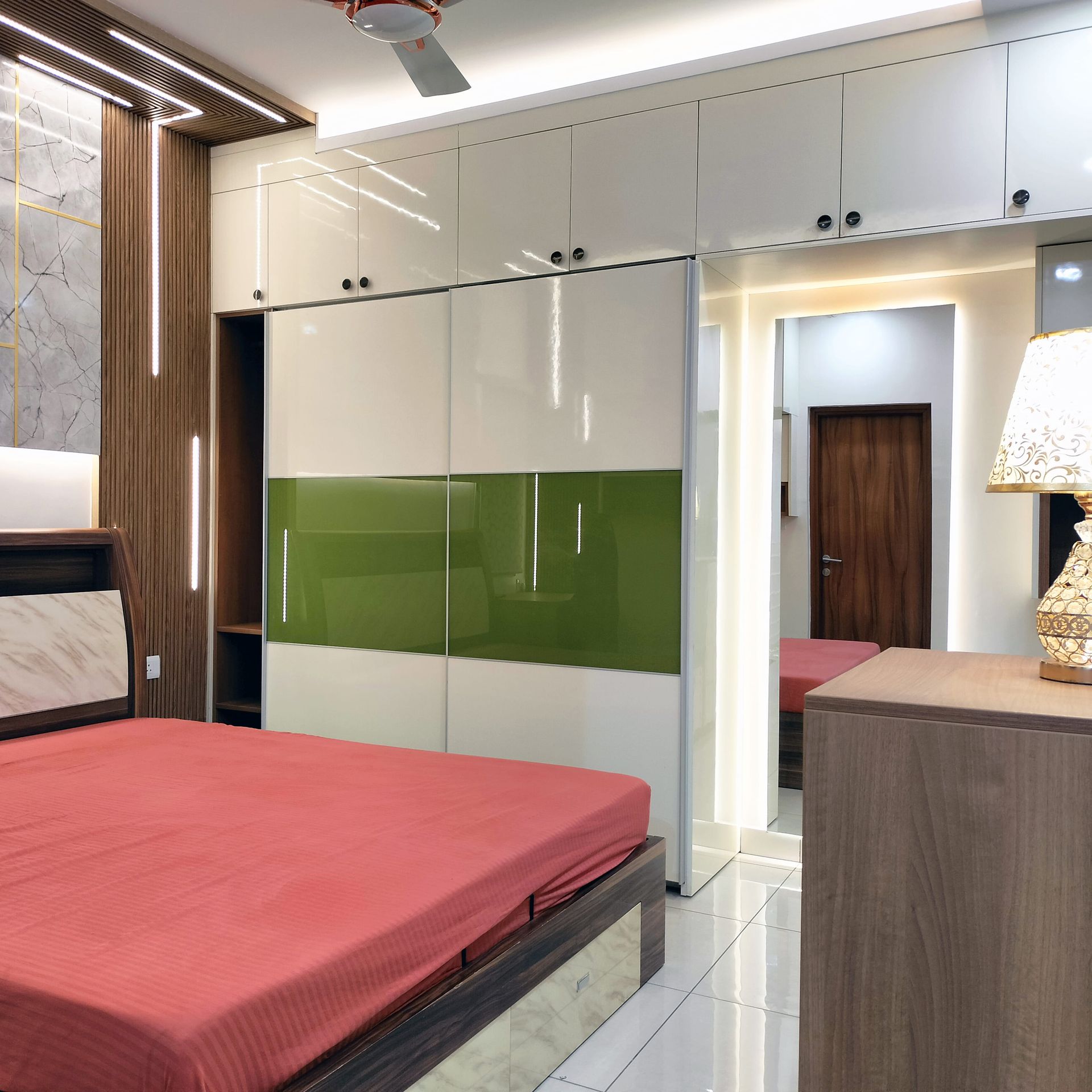 White and Green Contemporary Sliding Door Wardrobe Design with Acrylic ...