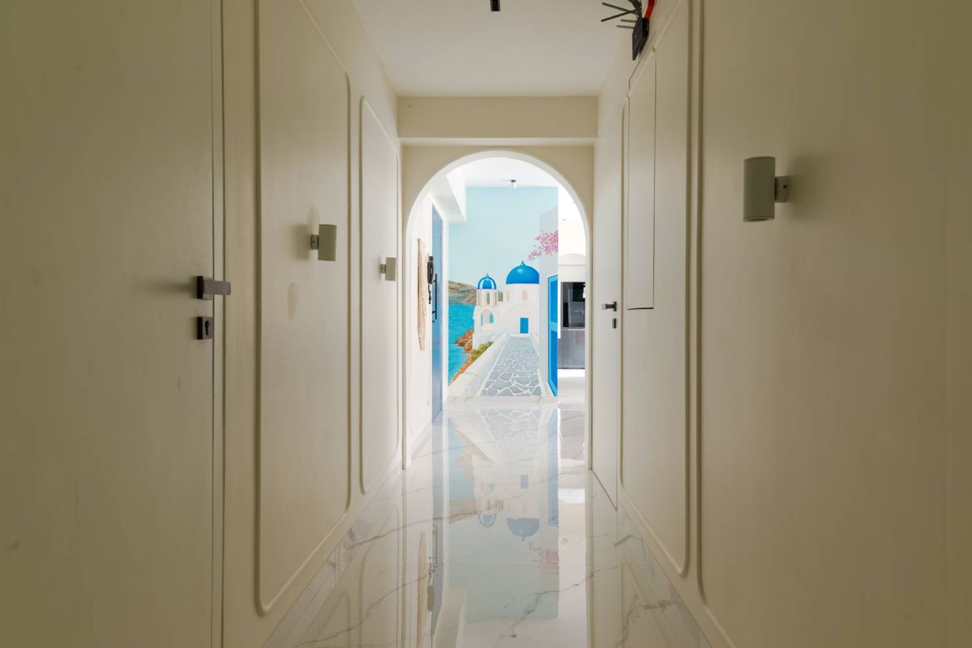 Modern Santorini Mural Inspired Corridor Wall Design with Cream Trims ...