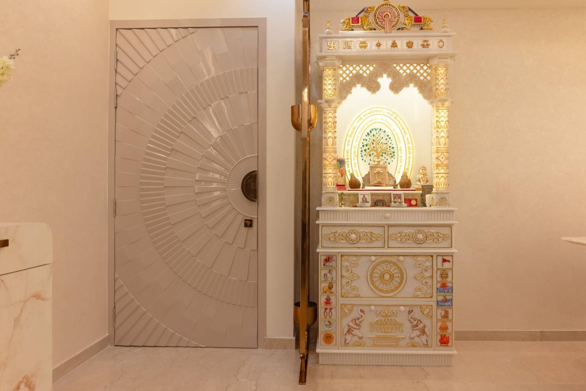 Classic Pooja Room Design With Arch, Pillars and Storage Drawers | Livspace