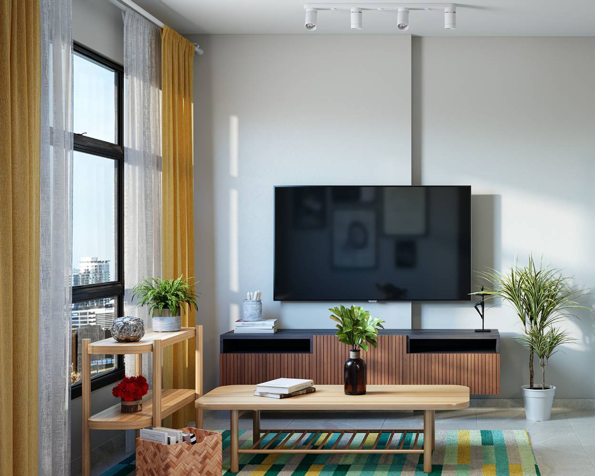 Black And White TV Unit Design With Handleless Shutters | Livspace