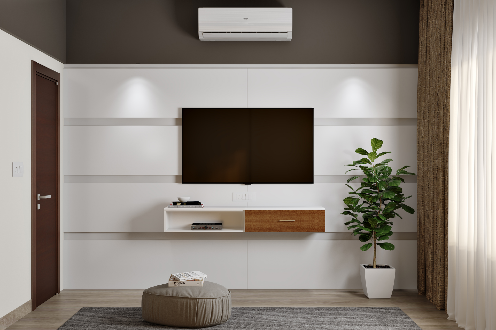 Spacious Wall-Mounted TV Unit Design With Planters | Livspace