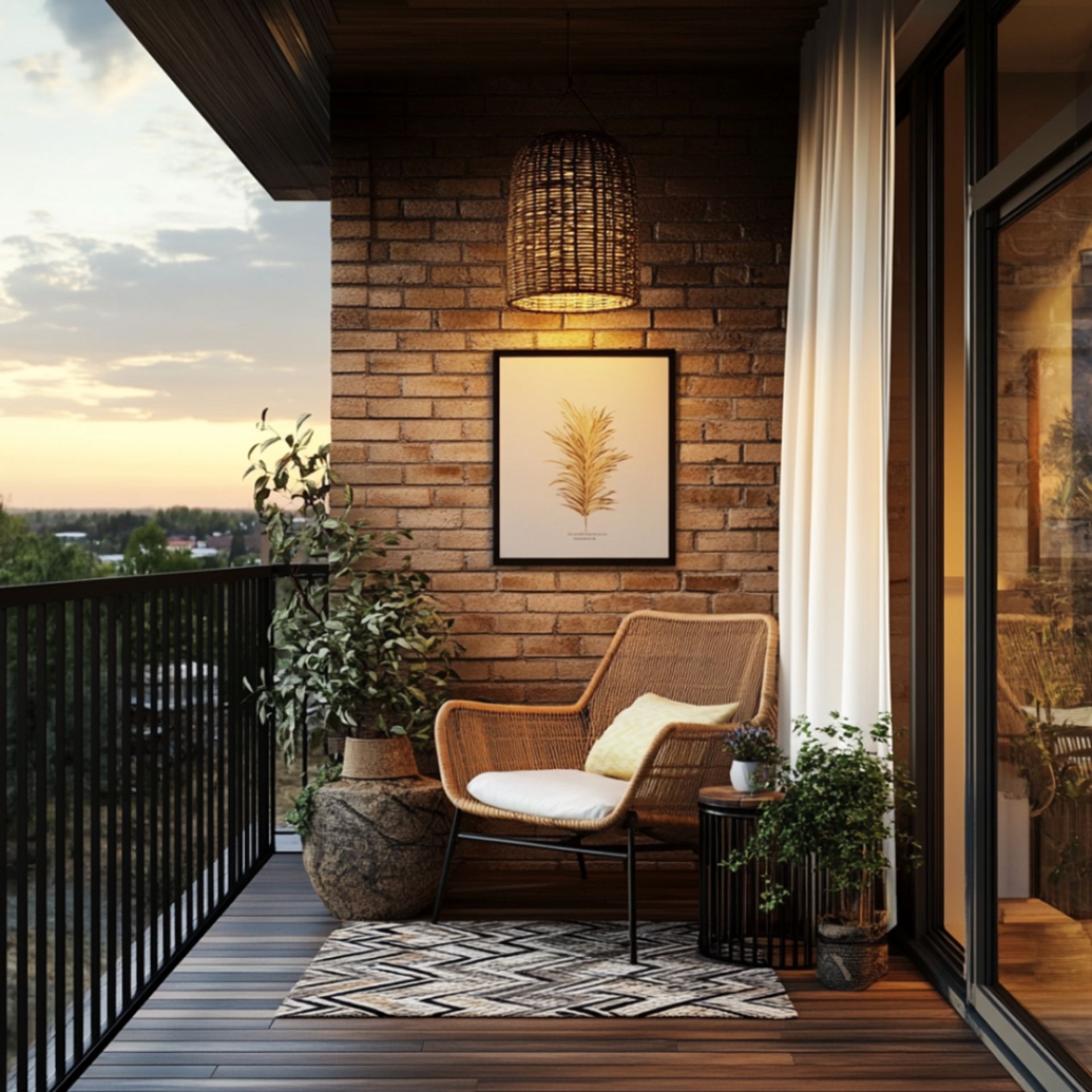 Rustic Balcony Design with Exposed Brick Wall and Wooden Deck | Livspace