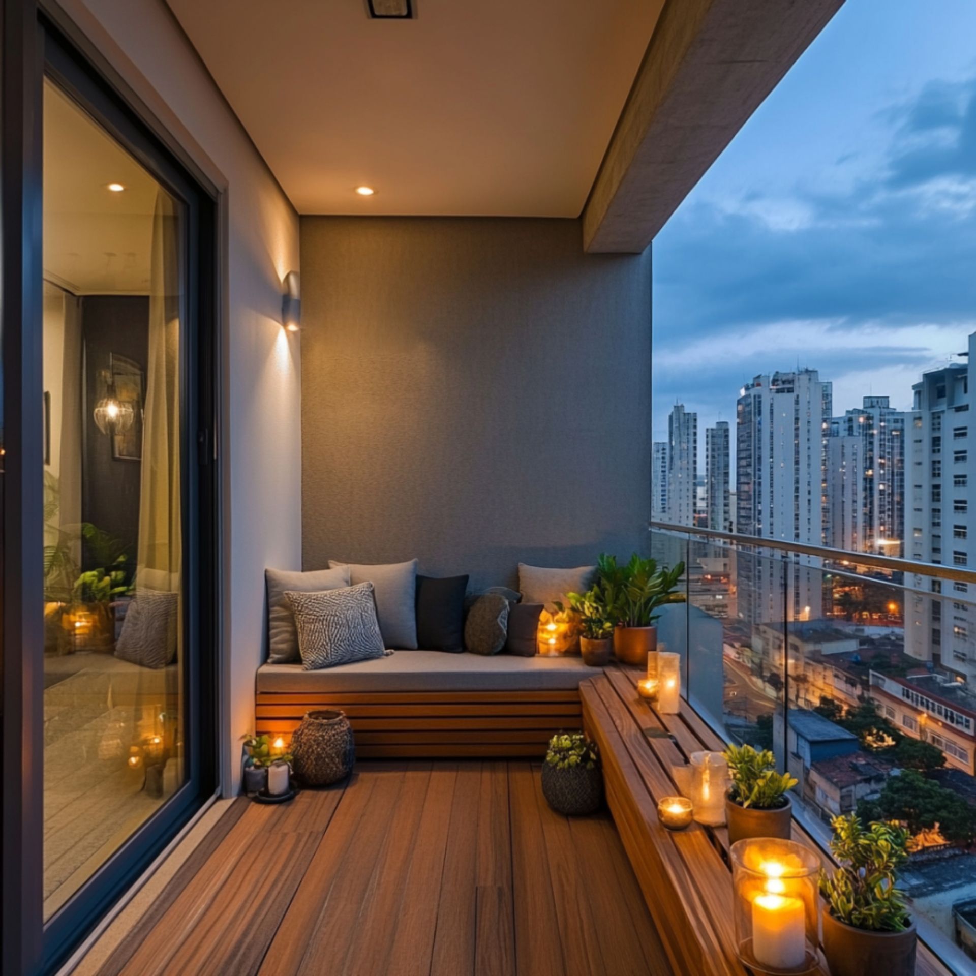 Modern Balcony Design With Built-In Bench, Wooden Decking, Lanterns and ...
